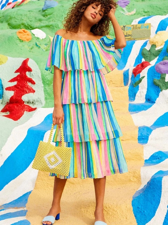 Lulus | Dresses | Lulus Gala Ready Multi Stripe Print Off The Shoulder ...